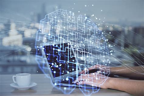 컴퓨터와 인간의 뇌 홀로그램 그림에서 작업 하는 여자의 손의 멀티 노출 Ai 기술 개념 개념에 대한 스톡 사진 및 기타 이미지 개념 개발 경제 Istock