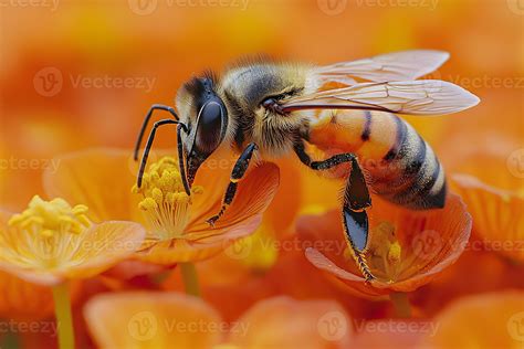 Honeybee Pollination On Vibrant Orange Flowers Nature And