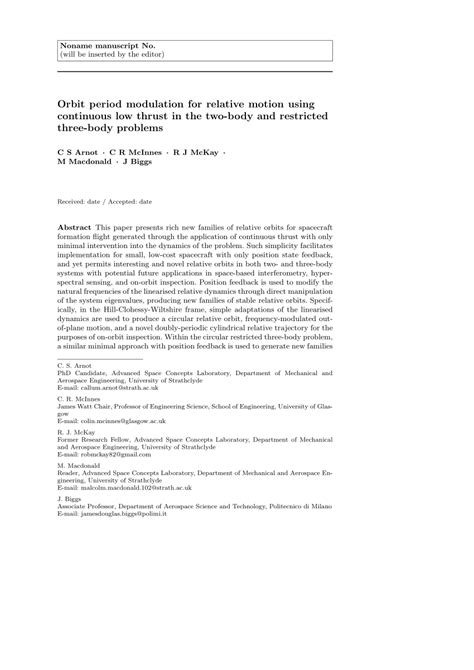 Pdf Orbit Period Modulation For Relative Motion Using Continuous Low Thrust In The Two Body