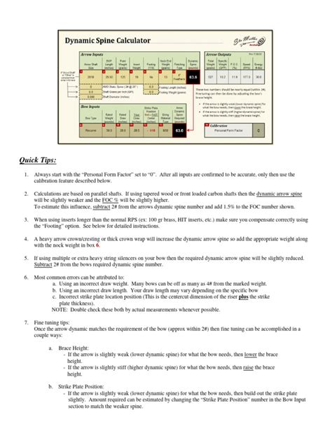 Dynamic Spine Calculator Instructions 7 18 10 Pdf Arrow Bow And Arrow