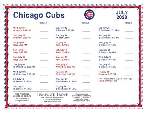 Chicago Cubs Schedule Printable