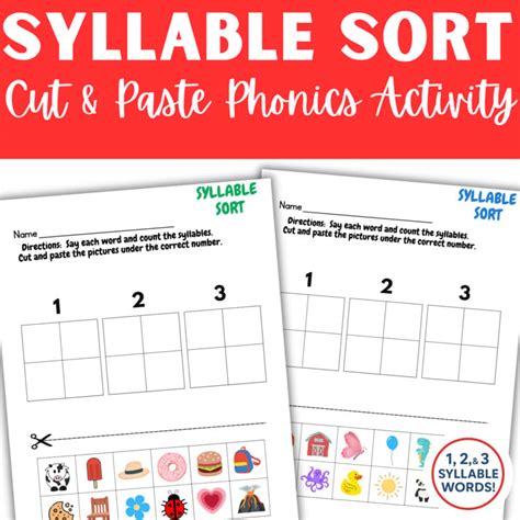 Syllable Sort Worksheets Cut And Paste Phonics Activity For 1 2 And 3 Syllables