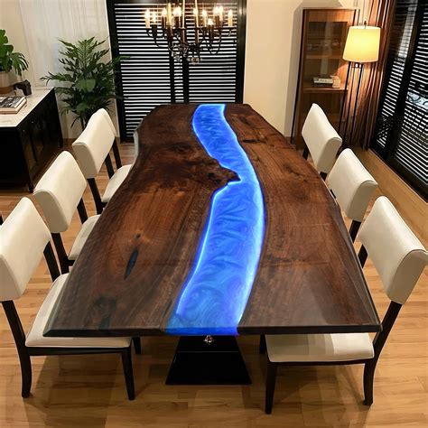 Custom Black Walnut Glow Epoxy Resin Dining Table With Led Lights Crt