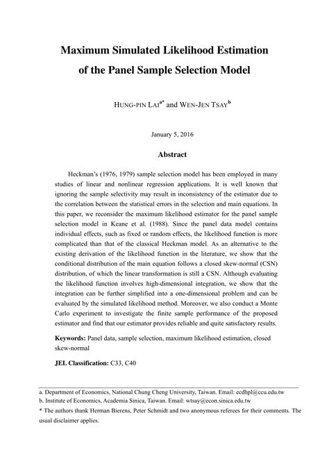 Pdf Maximum Simulated Likelihood Estimation Of The Panel Sample