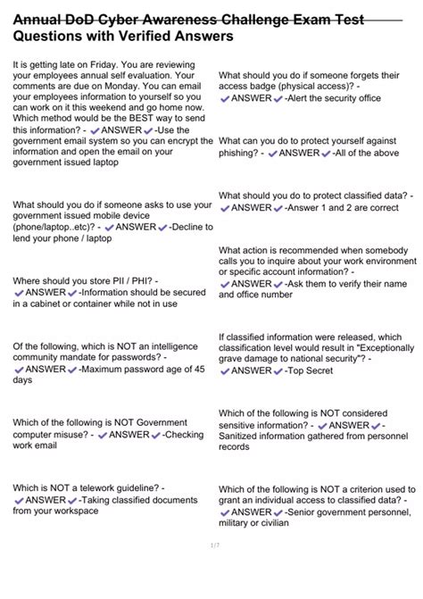 Annual Dod Cyber Awareness Challenge Exam Test Questions With Verified Answers Annual Dod