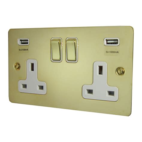 Gh Flat Polished Brass Double Socket With Usb Brass Switcheswhite