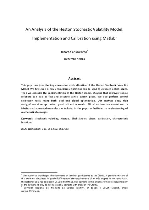 Pdf An Analysis Of The Heston Stochastic Volatility Model Implementation And Calibration