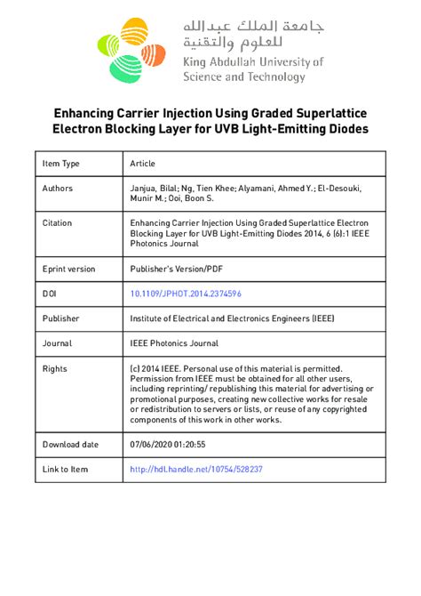 Pdf Enhancing Carrier Injection Using Graded Superlattice Electron Blocking Layer For Uvb