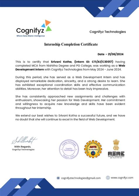 Srivani Kotha On Linkedin I Am Very Glad To Announce That I Have Completed My Internship As A Web…