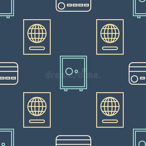 Set Line Credit Card Passport And Safe On Seamless Pattern Vector