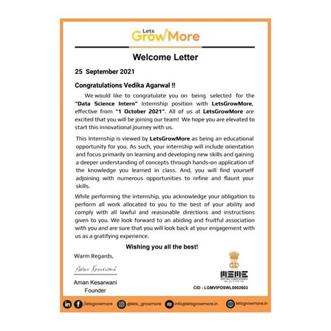 Vedika Agarwal On Linkedin Connections Letsgrowmore Internship Datascience Intern