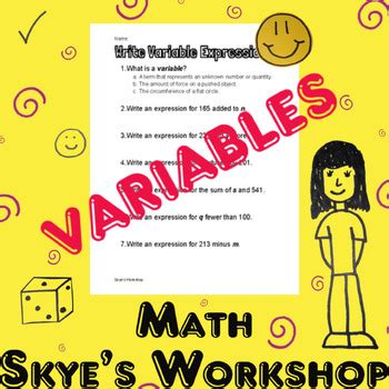 Write Variable Expressions Unknown Quantities Math Practice Equation