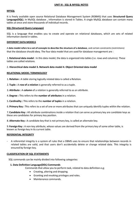 Class Xii Unit Iii Sql And Mysql Notes0pdf