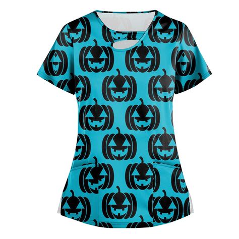 Sksloeg Scrubs Tops Women Clearance Pumpkin Cat Bat Print Short Sleeve