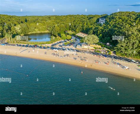 Aerial Image Of Sunset Beach And Hotel In Shelter Island Ny Stock