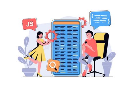 App Development Web Concept With Cartoon People Design Man And Woman Creating Mobile Interface