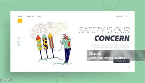 축제 불꽃 공사 쇼 방문 페이지 템플릿 크리스마스산타 클로스 모자 불타는 불꽃 놀이를 입고 남성 캐릭터 Pyrotechnic Effects에 대한 스톡 벡터 아트 및 기타