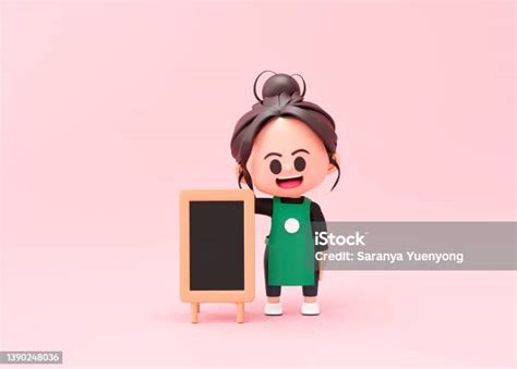 귀여운 요리사 베이커 또는 바리 스타가 열려 있거나 메뉴 칠판 간판 간판 레스토랑 요리사 마스코트를 핑크색 배경에 3d 렌더링으로 서십시오 귀여운에 대한 스톡 사진 및 기타