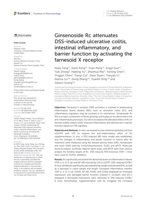 Pdf Ginsenoside Rc Attenuates Dss Induced Ulcerative Colitis Intestinal Inflammatory And