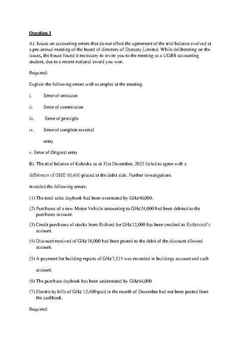 Tutorial Set 7 Correction Of Errors Question 1 A Issues On Accounting Errors That Do Not