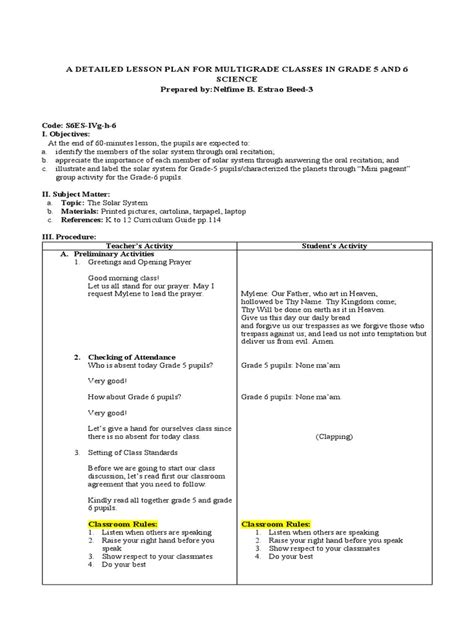 A Detailed Lesson Plan For Multigrade Classes In Grade 5 And 6 Pdf