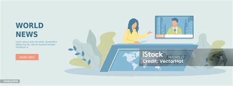 세계 뉴스 속보 라이브 뉴스 발표자 방송사 스튜디오에서 기자 인터뷰 프로모션 웹 배너 사람들 캐릭터가 있는 만화 평면 벡터 삽화 Advertising Week에 대한 스톡