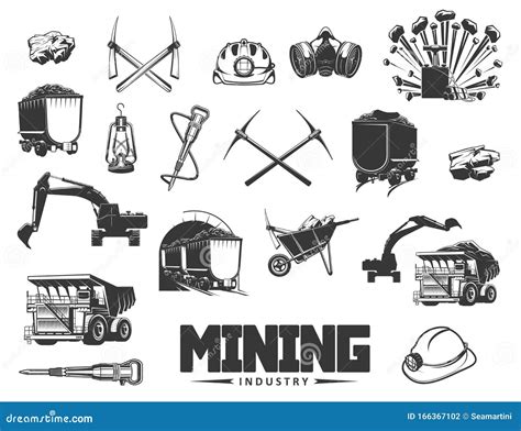 Coal Mining Industry Equipment And Machinery Icons Stock Vector