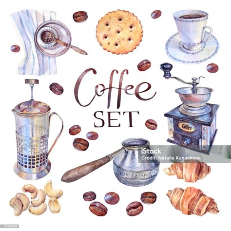 수채화 세트 오래된 커피 분쇄기 공장 아로마 음료에 대한 프렌치 프레스 접시 커피 콩 크루아상 케이크 캐슈 흰색 배경에 고립 된 크래커와 컵 카페인이 함유된 좋은 아침 음료