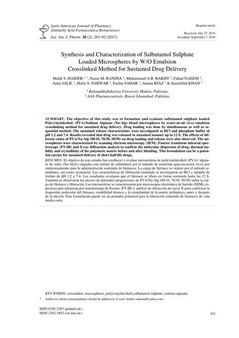 Pdf Synthesis And Characterization Of Salbutamol Sulphate Loaded Microspheres By W O Emulsion