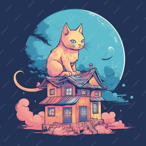 Premium Photo Illustration Of A Cat Sitting On A Roof Of A House