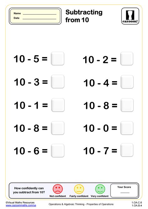 Subtracting From 10 Drills 10 Questions PDF Printable Worksheets Library