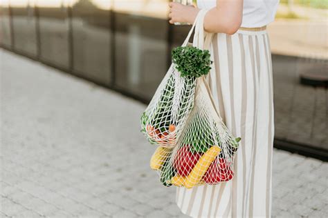 비닐 봉지 나무 배경없이 야채와 메쉬 쇼핑 백과 면 구매자를 들고 소녀 제로 폐기물 플라스틱 무료 개념 지속 가능한 라이프 스타일 배너 가방에 대한 스톡 사진 및 기타