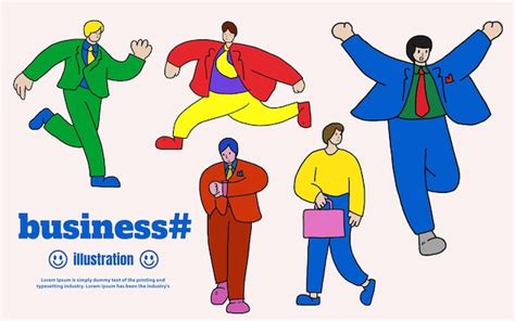 다른 포즈 동작 및 포즈 디자인 세트를 사용하는 사업가 디자인 손으로 그린 그림 프리미엄 벡터