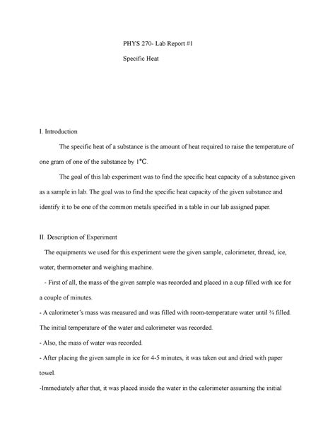 lab report 1 specific heat introduction the specific heat of a