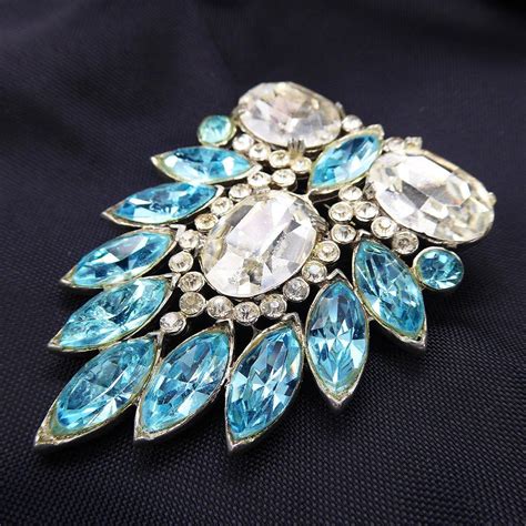 Art Deco Aqua Blue Rhinestone Pot Metal Brooch Vintage 1920s 1930s