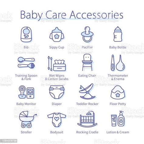 수유용 베이비 케어 액세서리 신생아 침대 우유 병 아이 하이 체어 턱받이 기저귀 로커 유모차 소아과 얇은 라인 아이콘 세트 자식 간호 선형 벡터 그림 젖병에 대한 스톡 벡터