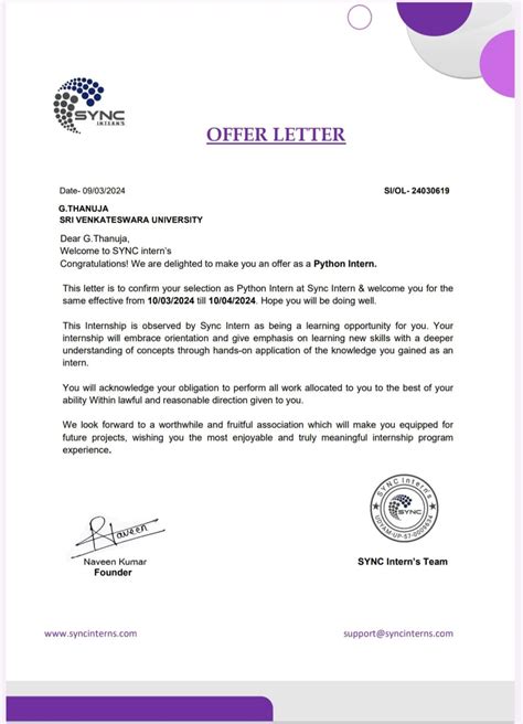 thanuja guditi on linkedin syncinterns pythonintern offerletter
