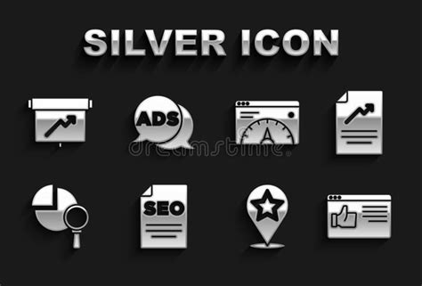 Set Seo Optimization Document With Graph Chart Browser Window Map Pointer Star Magnifying