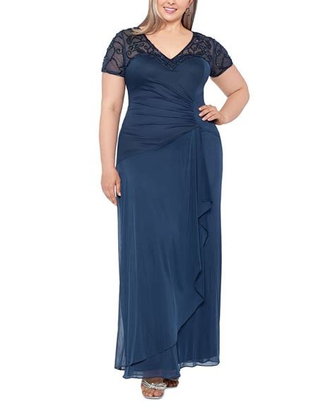 Xscape Plus Size Beaded Illusion Trim Side Ruched Gown Macys