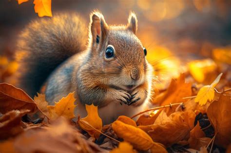 Squirrel Sitting In The Middle Of Autumn Leaves Generative Ai Stock
