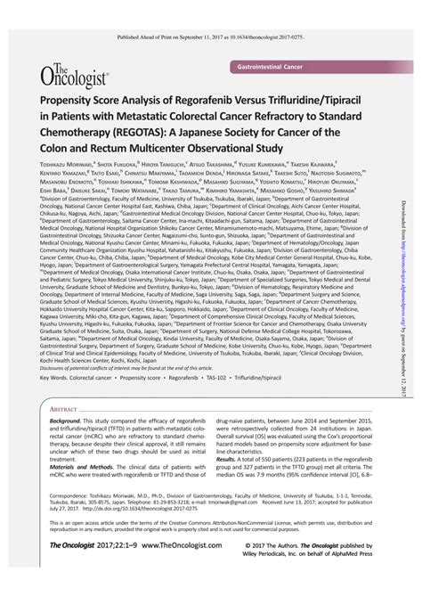 Pdf Propensity Score Analysis Of Regorafenib Versus Trifluridinetipiracil In Patients With
