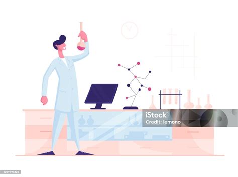 과학 실험실에서 화학 실험을 수행하는 비커를 들고 흰색 코트를 입고 남자 과학자 화학 실험실 과학 연구에서 남성 캐릭터 연구원