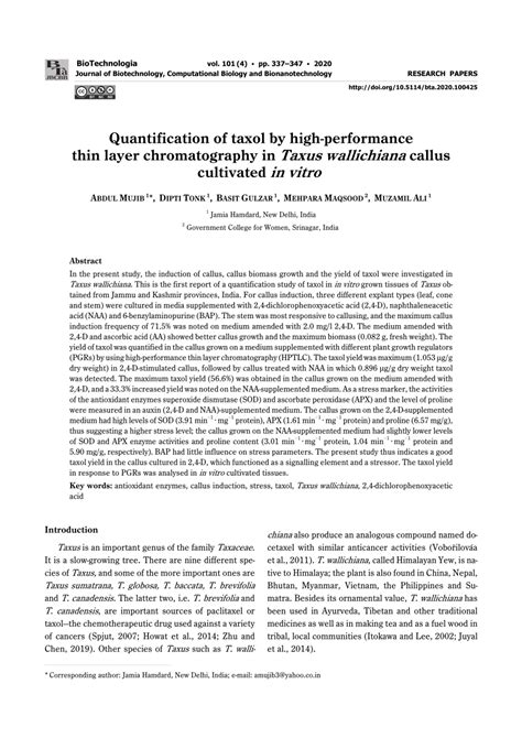 Pdf Quantification Of Taxol By High Performance Thin Layer Chromatography In Taxus Wallichiana