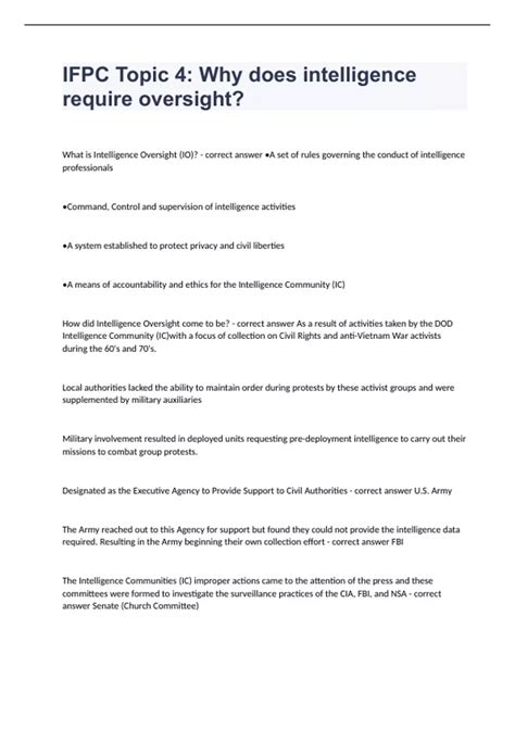 Ifpc Topic 4 Why Does Intelligence Require Oversight Questions And Answers Verified 2024 Ifpc