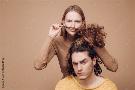 Different Types Of Hair Concept Happy Couple In Love Studio Photo Handsome Man With Long Wavy