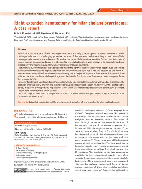 Pdf Right Extended Hepatectomy For Hilar Cholangiocarcinoma A Case