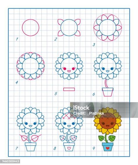 귀여운 해바라기를 그리는 방법 어린이 만화 벡터 일러스트 레이 션을위한 단계별 수업 낙서 드로잉에 대한 스톡 벡터 아트 및 기타 이미지 낙서 드로잉 해바라기 0명