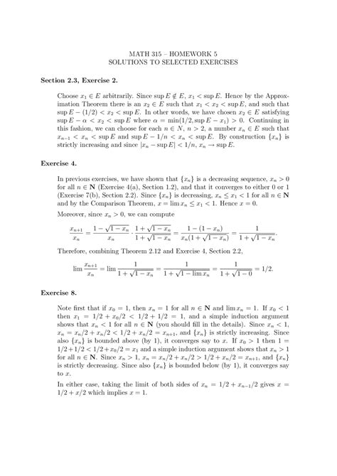 Solutions To Selected Exercises Of Advanced Calculus I Homework 5 Math 315 Docsity