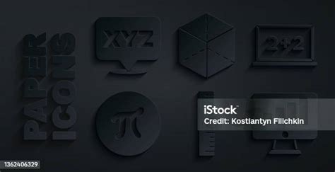 설정 눈금자 칠판 파이 기호 그래프 차트와 컴퓨터 모니터 기하학적 그림 큐브와 Xyz 좌표 시스템 아이콘 벡터 0명에 대한 스톡