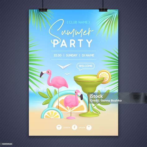 3d 마가리타 칵테일과 플라밍고가 있는 여름 디스코 파티 포스터 화려한 여름 해변 장면입니다 벡터 그림 파티에 대한 스톡 벡터